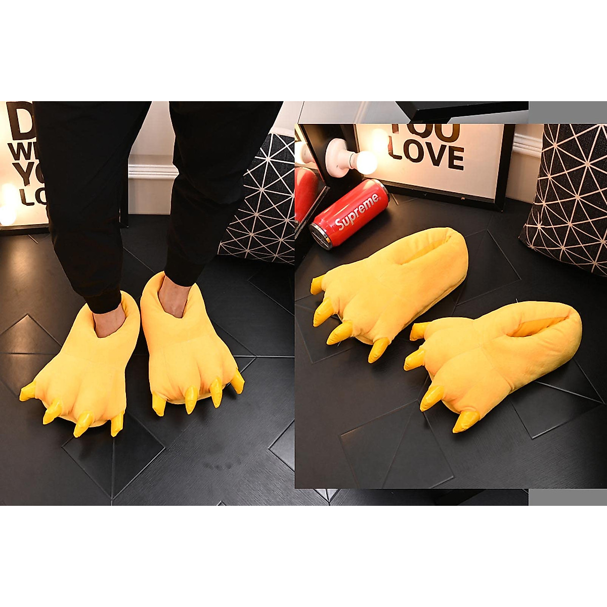 IXITON Unisex Funny Animal Paw slippers Shoes Furry Dinosaur bear Claw Slippers Cartoon plush slippers for men women girl boy kids elder,S,YELLOW