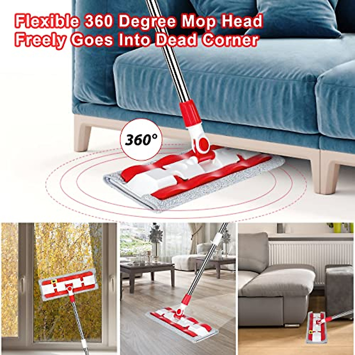 Nolopau Microfiber Hardwood Floor Mop, Microfiber Mops Flat Mop 360°Rotating Wet Dust Mop, with 58&#039;&#039; Stainless Steel Handle for Hardwood Home Office Kitchen Floor Cleaning