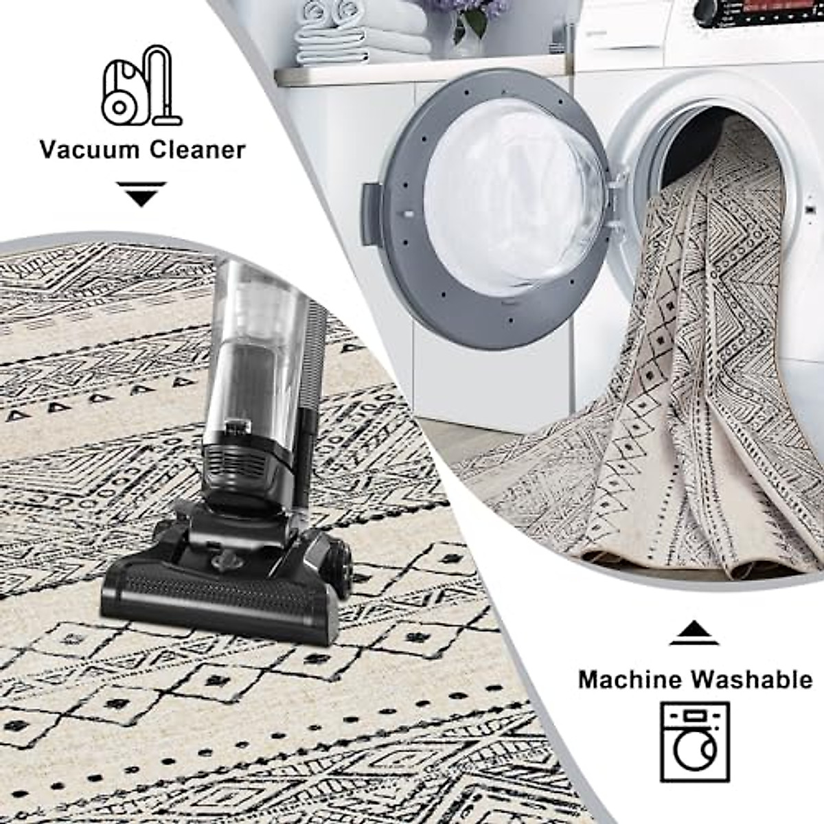 Area Rugs 9x12 Living Room: Large Machine Washable Rug with Non-Slip Backing Non Shedding Stain Resistant, Soft Geometric Moroccan Carpet for Dining Room Bedroom Nursery Home Office-Deep Gray/Cream