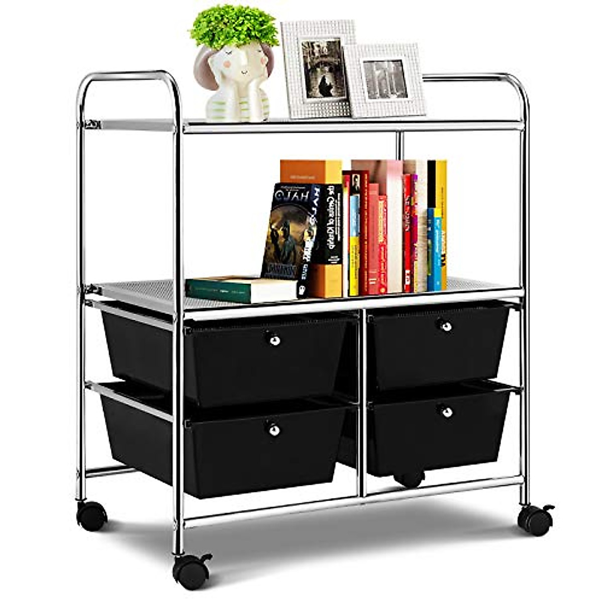 RELAX4LIFE Storage Cart W/Four Drawers, Wheels and Two Shelves, Stable Steel Frame Craft Cart for Office,Home, Make Up Storage and Files Arrangement Storage Cart Organizer (Black)