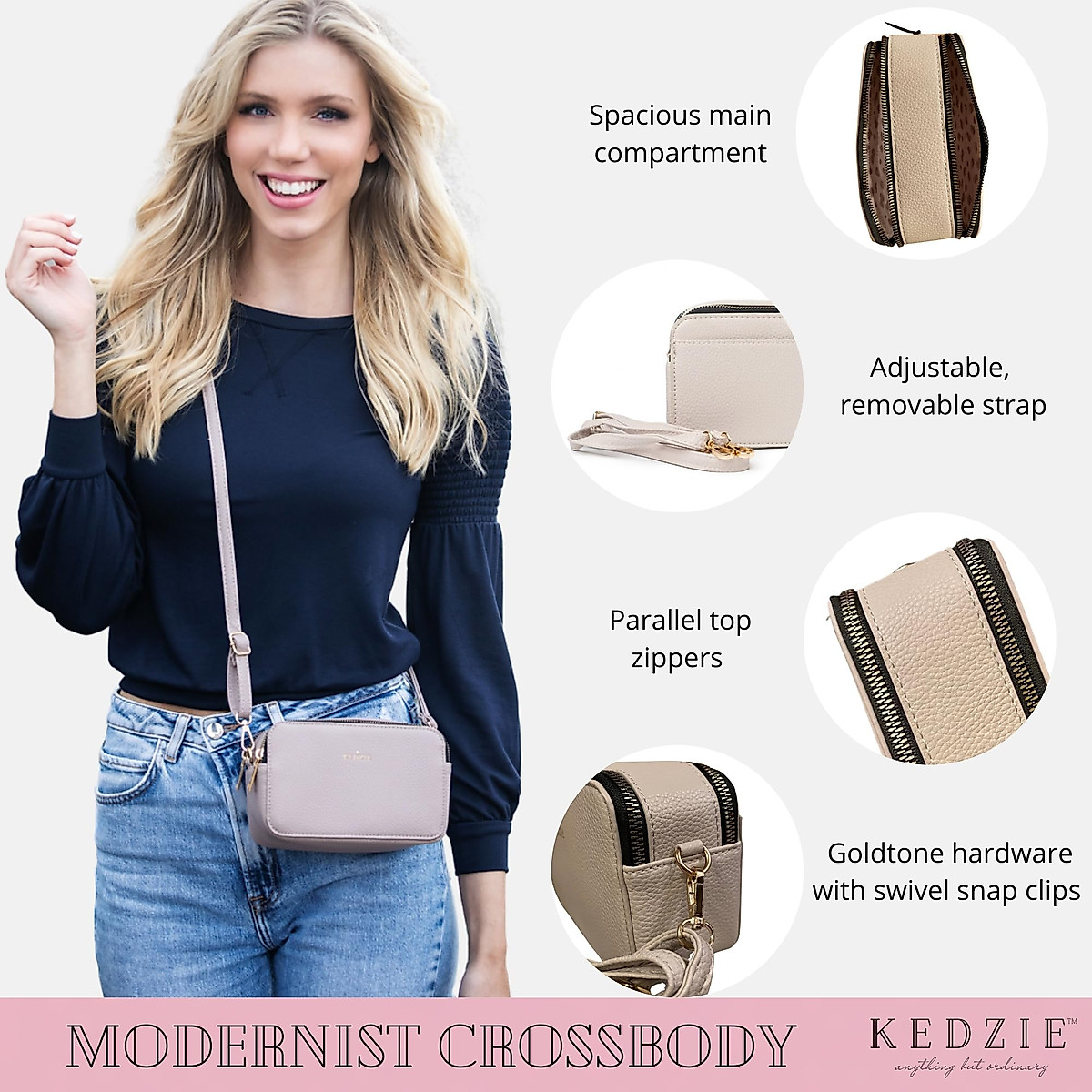 KEDZIE Color Pop Modernist Vegan Leather Crossbody Shoulder Compact Camera Shape Bag For Women With Adjustable Strap - Gray