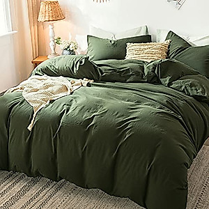 MooMee Bedding Duvet Cover Set 100% Washed Cotton Linen Like Textured Breathable Durable Soft Comfy (Olive Green, Queen)