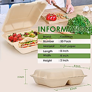 Kaderron 50 Pack 8 Inch To Go Containers Clamshell Food Containers 34 OZ, 3 Compartment Take Out Boxs Microwave Safe for Food Servicing
