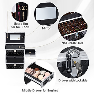 Frenessa Nail Polish Makeup Train Case with Drawer and Dividers Manicure Organizer Accessory Storage Makeup Box With Mirror Lockable Keys Nail Kit Organizer Cosmetic Case Jewelry Box - Black