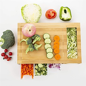 OLOZIQ Bamboo Cutting Board with Trays and Lids Storage Containers – Multifunction Easy Chopping Meal Prep Station with Juice Grooves – 4 Multi-Functional Graters Included with Food Sliding Opening