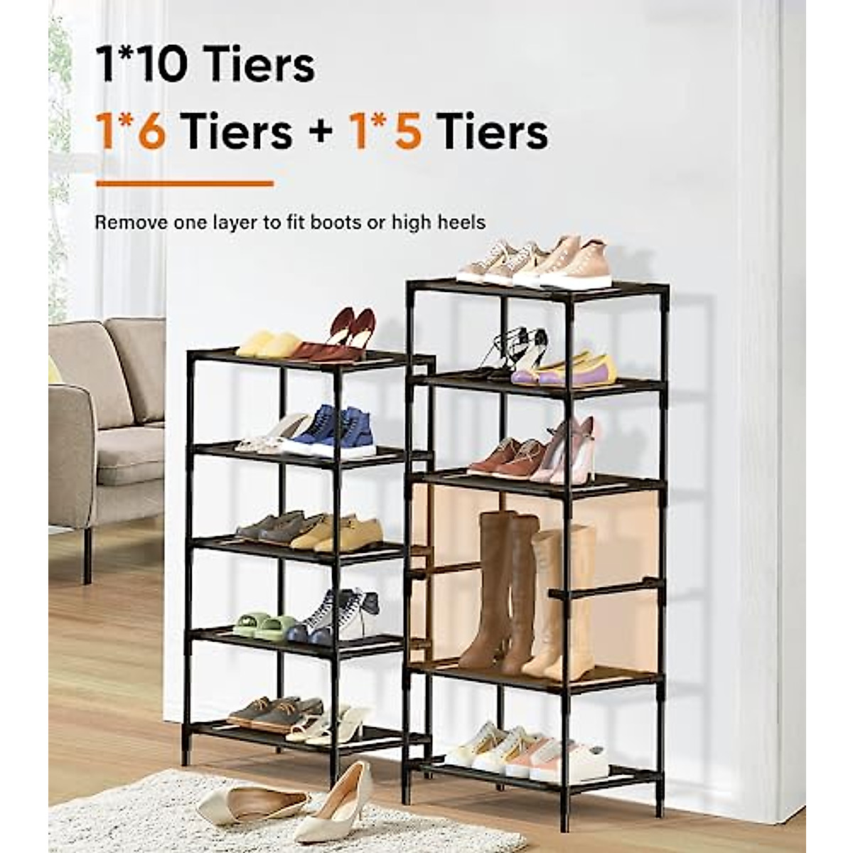 kefron Narrow Shoe Rack Organizer with Oxford Dustproof Cover, 0.13㎡ 10 Tiers 20-22 Pairs Tall Shoe Storage Rack for Closet Enteryway Vertical Shoe Organizer Shell