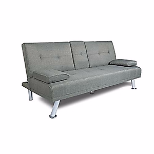 ERYE Modern Futon Loveseat Convertible Sleeper Bed for Living Room Apartment Small Space Furniture Sets with 2 Cup Holders Metal Legs,Removable Soft Pillow-Top Armrest, Sofa & Couch, Light Grey