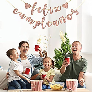 INNORU Feliz Cumpleaños Banner, Happy Birthday Party Decorations, Fiesta Themed Party Sign Banner, Birthday Party Decoration Rose Gold Glitter