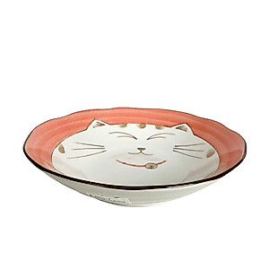 JapanBargain 2479, Japanese Porcelain Shallow Soup Bowl for Dinner Lunch Rice Poke Donburi Udon Ramen Noodle Pasta Cereal Maneki Neko Lucky Cat Pattern for Cat Lovers Made in Japan, 8.5-inch, Pink