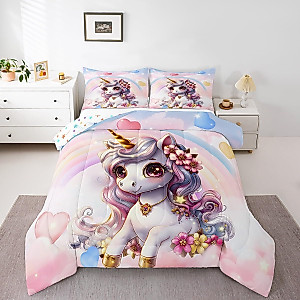 Erosebridal Pink Unicorn Queen Bedding Sets for Girls, Rainbow Unicorn Comforter 3 Pcs Kawaii Rainbow Reversible Stars Bed Sets for Boys Teens Kids Unicorn Room Decor All Season