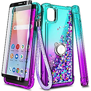 NZND Compatible with TCL 30Z (T602DL) Case, TCL 30 LE with Tempered Glass Screen Protector/Ring Holder/Wrist Strap, Glitter Liquid Floating Waterfall Durable Women Girls Kids Cute Case (Aqua/Purple)