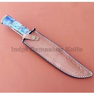 Handmade Damascus Steel Hunting Bowie Knife Full Tang Fix Blade 15' Inches Color Camel Bone Handle Comes With Leather Sheath Personalized Gift for Him