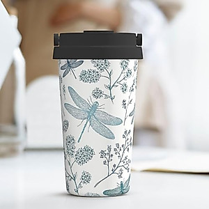 WANGXUEE Dragonfly Flower Print 500ml Stainless Steel Travel Tumbler Double Wall Vacuum Insulated Coffee Mug