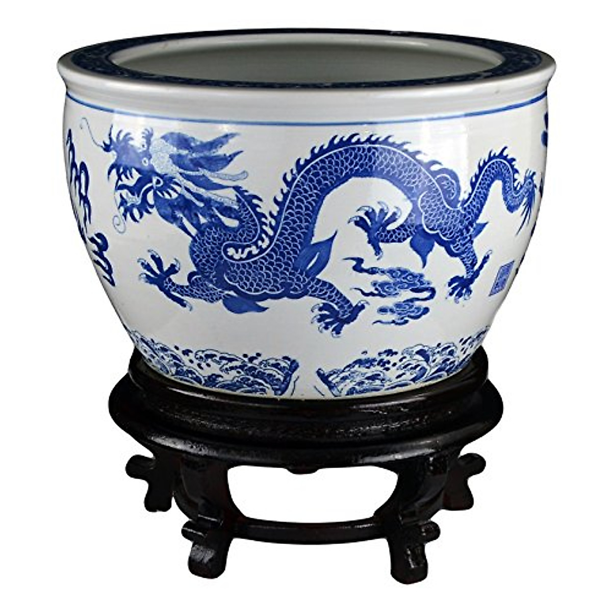 16" Porcelain Blue and White Fishbowl, Fish Bowl Two Dragons Playing with Super Pearl Chinese