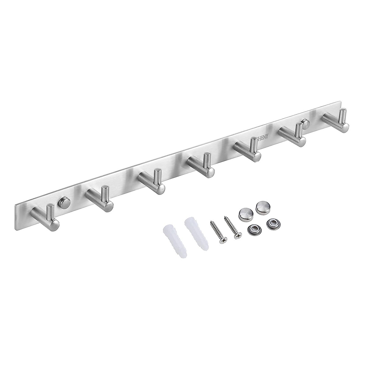 NHENY Towel Hook Rack Wall Mounted 17-Inch Coat Hanger with 7 Heavy Duty Hook, Easy to Install Rail for Bedroom, Bathroom, Foyer, Hallway, Garden, Office (304 Stainless Steel Brushed Nickel)