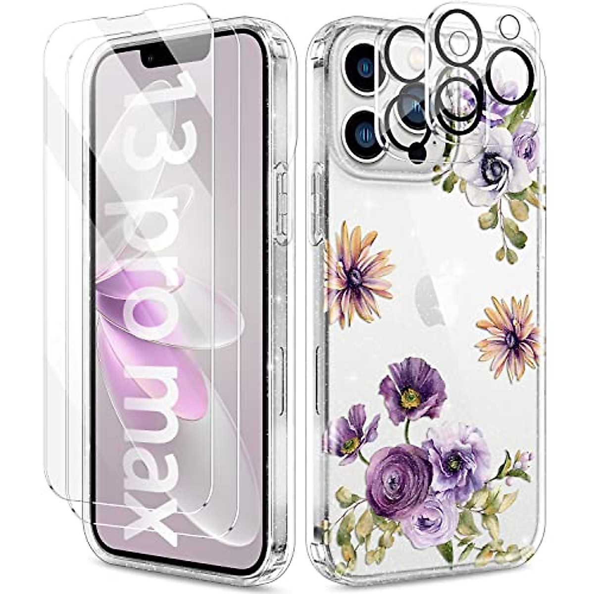 Lamcase iPhone 13 Pro Max Floral Case - 2 Screen + 2 Camera Protectors, Clear Bling Sparkly Hard PC, Slim, Drop & Shockproof