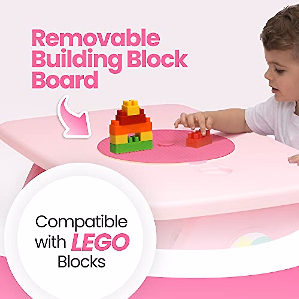 Delta Children 4 Seat Activity Picnic Table with Umbrella and Lego Compatible Tabletop, Minnie Mouse, 32.5 in x 34.25 in x 53.5 in