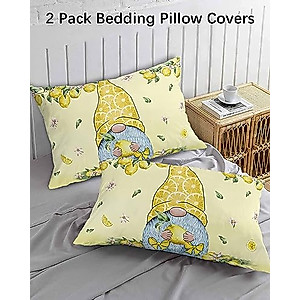 Edwiinsa Summer Lemon Pillow Covers Queen Size Set of 2 20x30 Bed Pillow, Spring Floral Gnomes Rustic Yellow Plush Soft Comfort for Hair/Skin Cooling Pillowcases with Envelop Closure