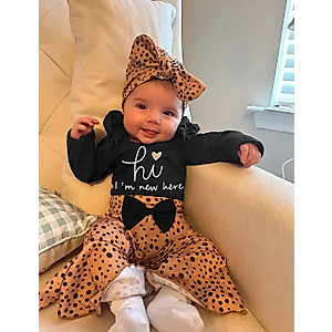 ADIFUN Newborn Girl Clothes Hi I'M New Here Black Ruffle Long Sleeve Tops Tights Leopard Baby Bell Bottoms Headband Hood 4pcs Set Newborn Baby Girl Outfits