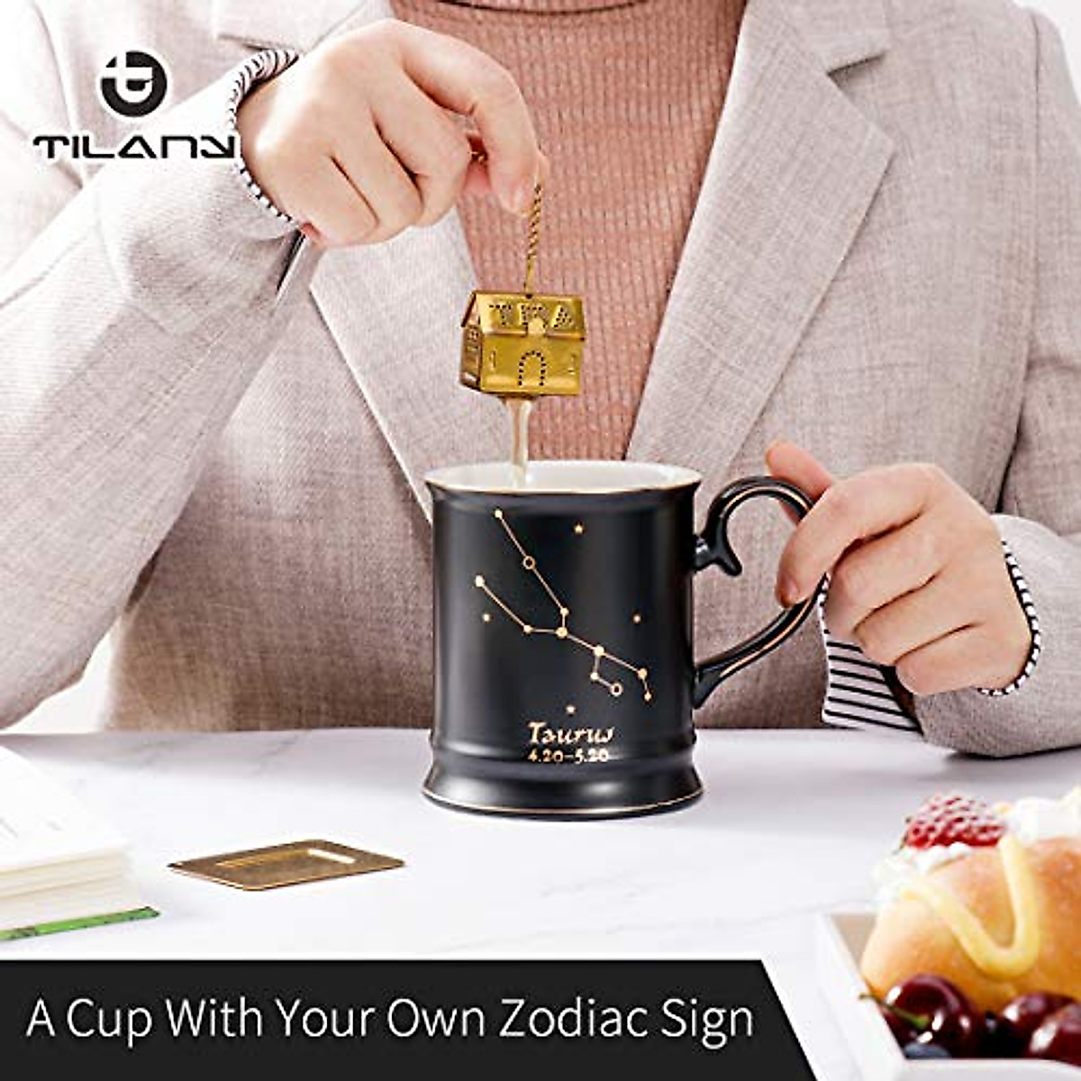 TILANY Ceramic Coffee Mug With Constellation Design - Black Tea Mugs With Golden Spoon & Tea Infuser - Large Porcelain Cups - Coffee Pottery Cup With Zodiac Sign - 13.5oz Cup Gift Set (Taurus)