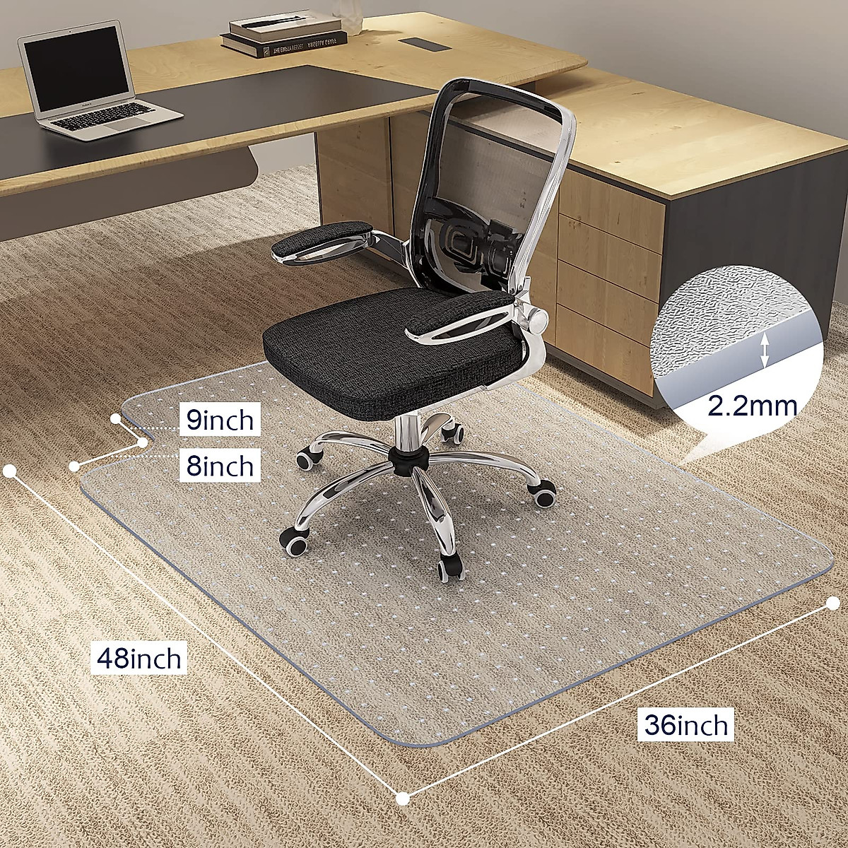 Office Chair Mat for Carpeted Floors with Lip, 48"X36" 2.2mm Thick, Transparent Desk Chair Mats with Studs for Low and Medium Pile Carpets, Easy Glide, Flat Without Curling