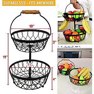 2 Tier Fruit basket for kitchen countertop with 4 banana hangers, Detachable, Large Capacity & Thick Wire construction, Fruit and vegetable bowl, fruit and vegetable storage, snacks, bread and more.