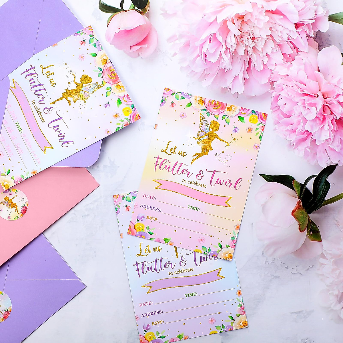 Chuangdi 24 Piece Flower Fairy Birthday Party Invitation Set with Envelope and Stickers