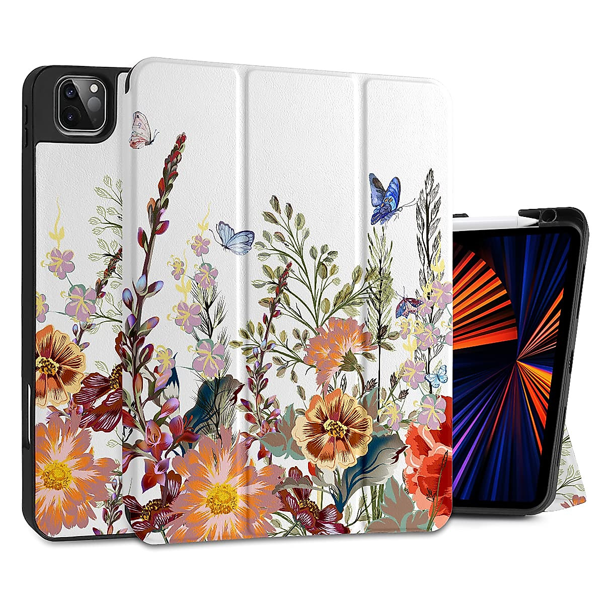 DONGKE Floral Design Case for iPad Pro 12.9 inch 6th, 5th, 4th, 3rd Gen with Pencil Holder, Auto Wake/Sleep, and Stand