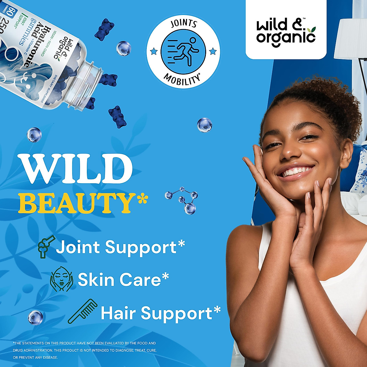 Hyaluronic Acid Gummies 250mg - Pure Hyaluronic Acid Supplements for Joints - Hair Skin and Nails Gummies w/Hyaluronic Acid Powder - Skin Supplement w/Vitamin C Hyaluronic Acid - 60 Vegan Chews