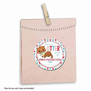 Cute Otter Themed Valentine Party Favor Sticker Labels for Kids, 40 2" Party Circle Stickers by AmandaCreation, Great for Classroom Valentines, Envelope Seals, Gifts & Treats