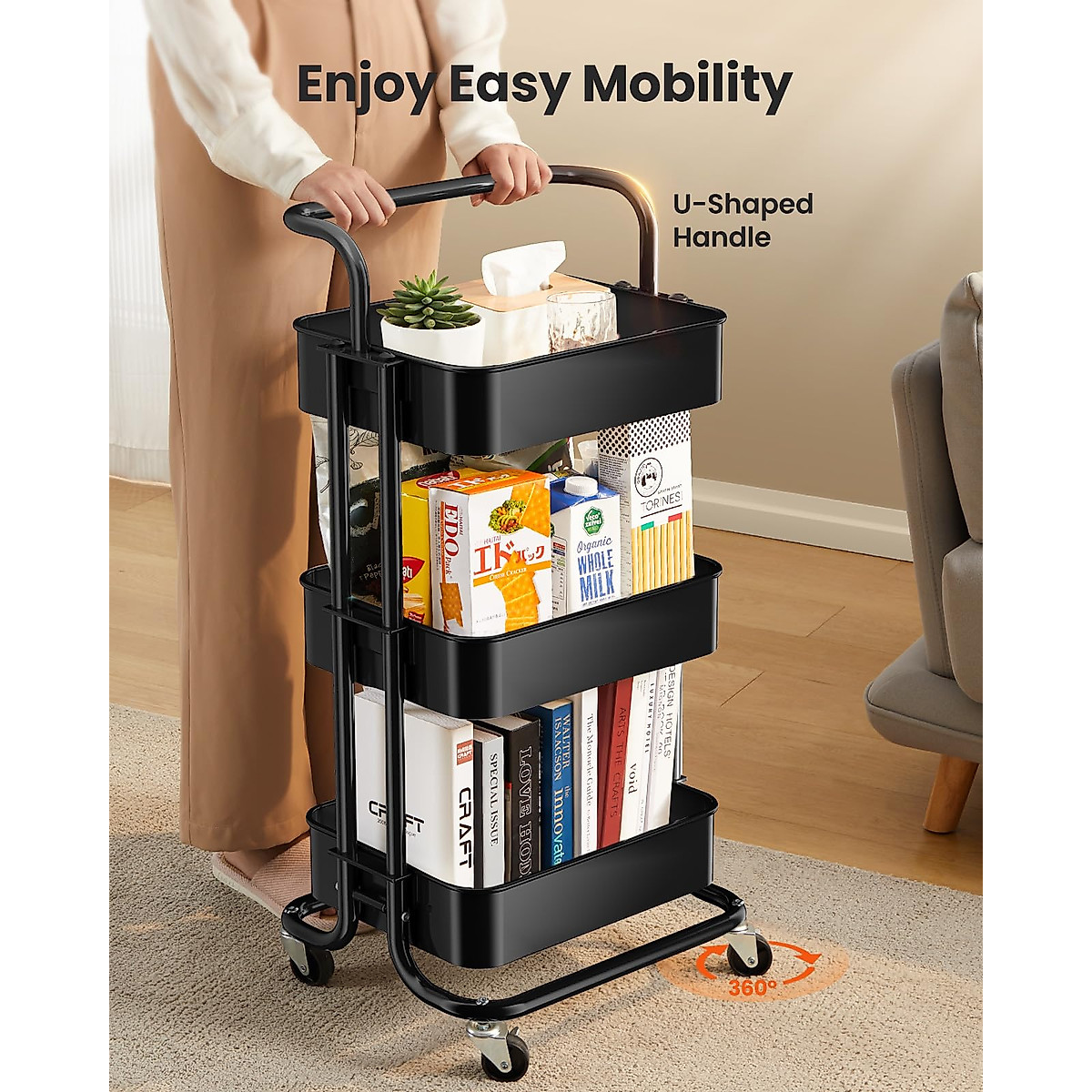 Pipishell 3 Tier Mesh Utility Cart, Rolling Metal Organization Cart with Handle and Lockable Wheels, Multifunctional Storage Shelves for Kitchen Living Room Office Black