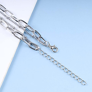 Yheakne Boho Layered Moonstone Necklace Silver Opal Moonstone Pendant Necklace Paper Clip Chain Choker Necklace Punk Flat Chain Necklace Jewelry for Women (Silver)