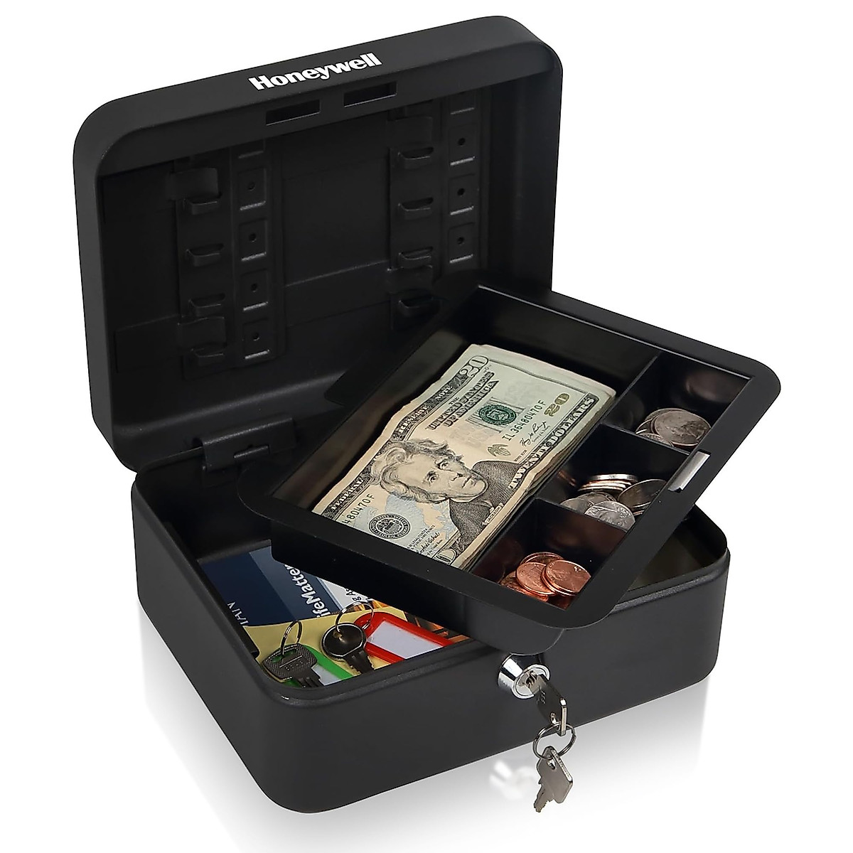 Honeywell Safes & Door Locks - 6111 Convertible Steel Cash and Security Box with Key Lock, Black 6.6x7.9x3.5