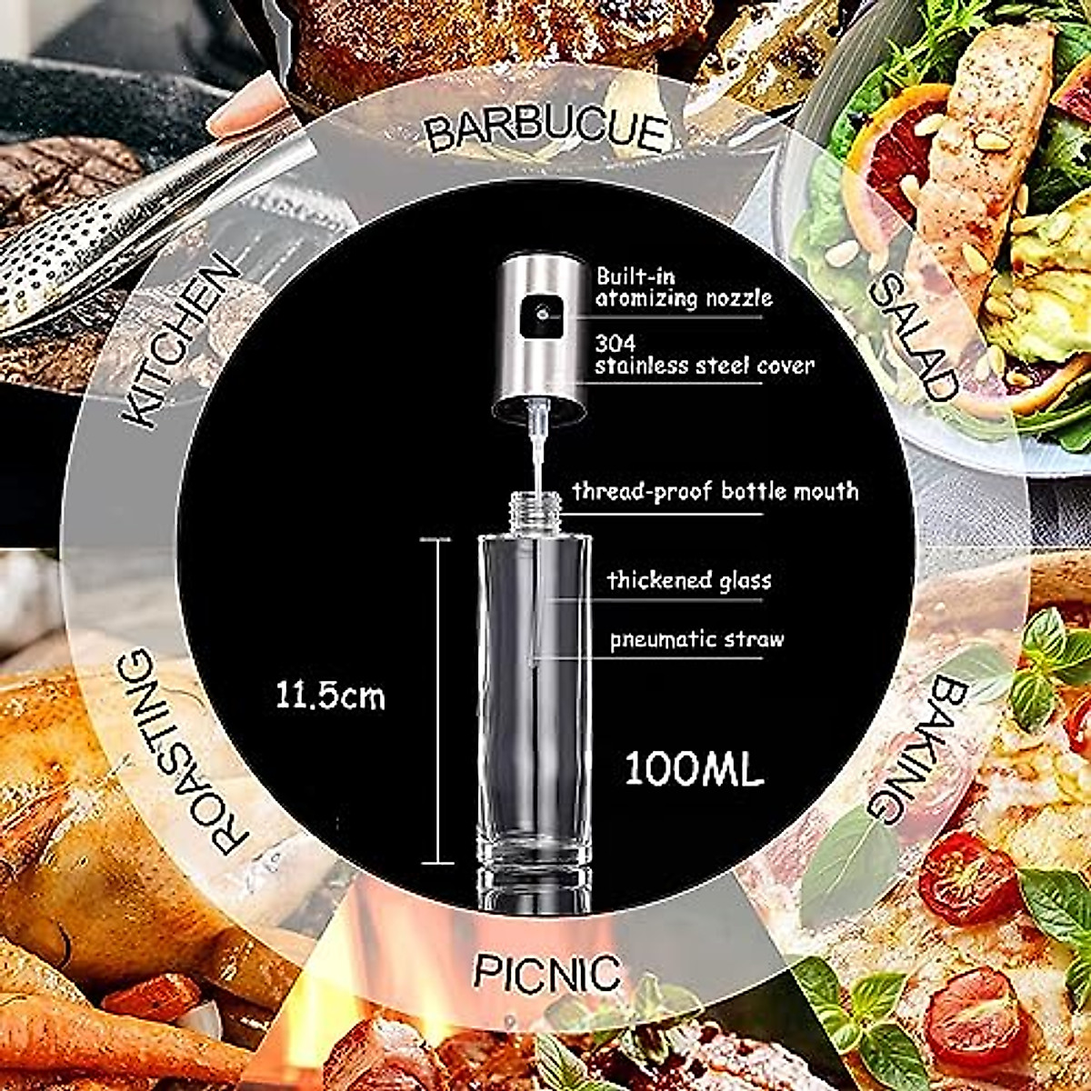 Shiadarix Oil Sprayer for Cooking, Olive Oil Sprayer Mister for Air Fryer, 100ml Glass Olive Oil Spray Bottle with Stainless Steel Cap, Oil Spritzer Dispenser for Kitchen Baking Frying (2 Piece Set)