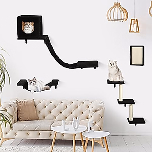 Loninak Cat Wall Furniture Set-Cat Shelves Include Hammock, Condo with Bridge, Step Scratching Post House for Indoor Mounted Tree Black