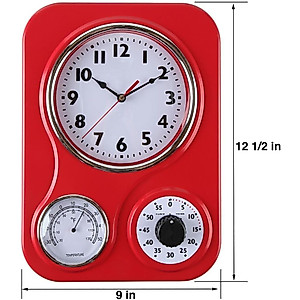 Lily's Home Retro Kitchen Clock with Temperature and Timer (Red)