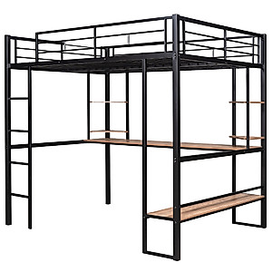 Harper & Bright Designs Metal Full Size Loft Bed Frame, Loft Bed Full with Long Desk and Shelves, Space Saving Full Loft Bed with Desk Underneath for Kids,Teens,Girls,Boys,Black