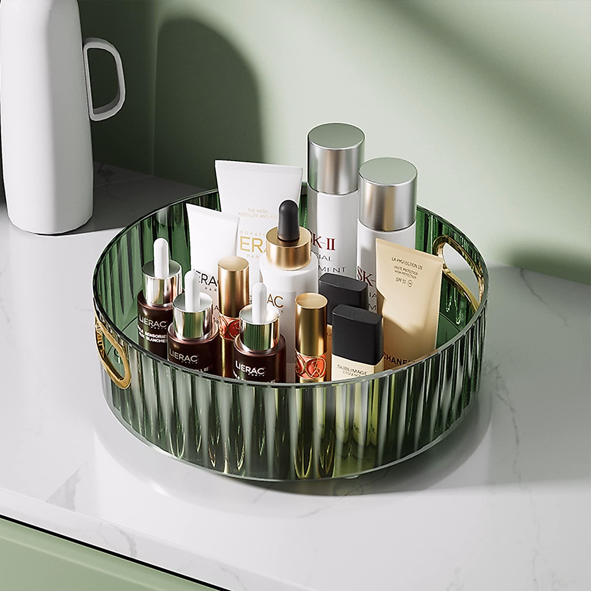 360 °Rotating Lazy Susan Organizer, 9" Large Green Turntable Organizer for Spice Rack, Cabinet, Kitchen Countertop Cupboard, Acrylic Bathroom Counter Organizer for Candle, Lotion Bottle, Cosmetics