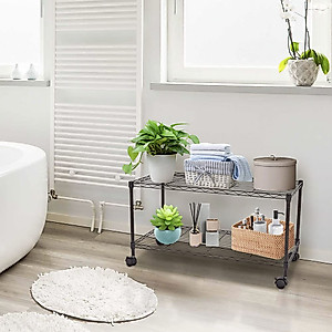 QXDRAGON Medium Adjustable, Heavy Duty Storage Shelving Unit on Wheel Casters, Metal Organizer Wire Rack, Black (2-Shelf, 35.43" L x 17.72" W x 19.29" H)