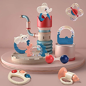 8PCS Baby Rattles Teether Set,Shaker Grab Toys with Sound, Vibrant Color and Shapes, Early Educational Toy with Storage Box,Gift for 3,6,9,12 Months Newborn Toddlers