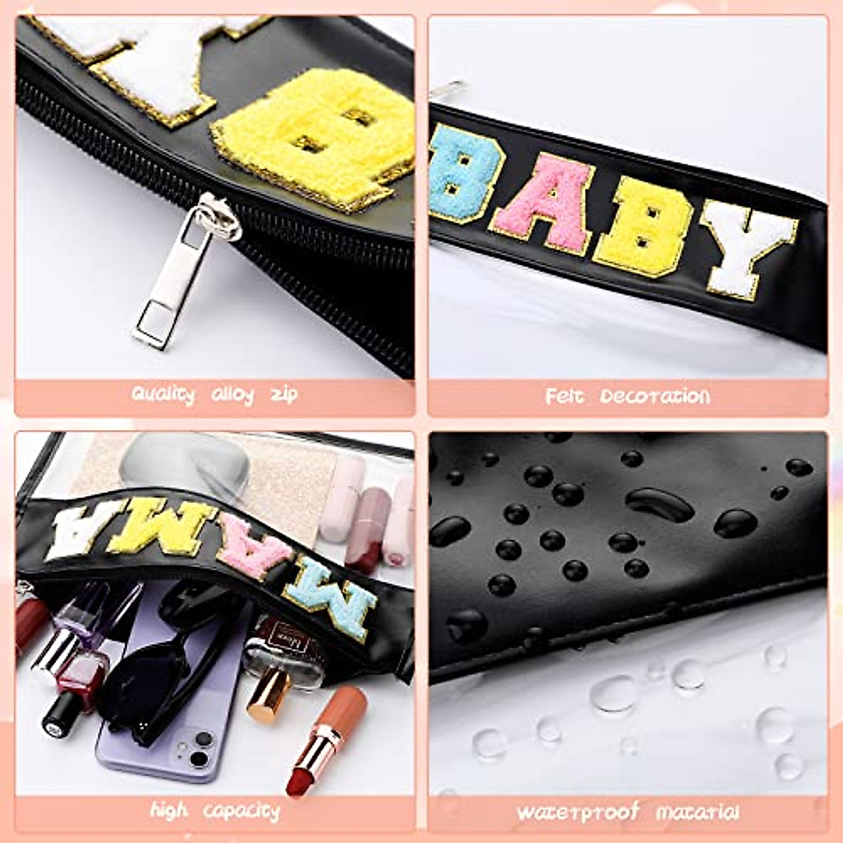 3 Pieces Chenille Letter Clear Zipper Pouches PVC Travel Pouch Waterproof Make up Bag Baby Preppy Snack Bags Clear Cosmetic Bags Mama Toiletry Small Makeup Organizer for Women Girls Kids Gifts