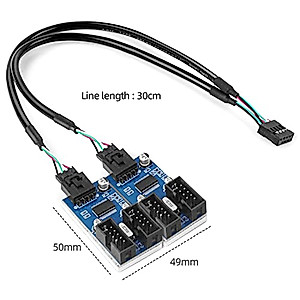 9Pin USB Header Splitter Male 1 to 4 Female Extension Cable Card for Motherboard, USB 2.0 Splitter Cable Connector with 3M Adhesive, Adapter Port Multiplier for CPU Fans, RGB Lights, WiFi Receiver