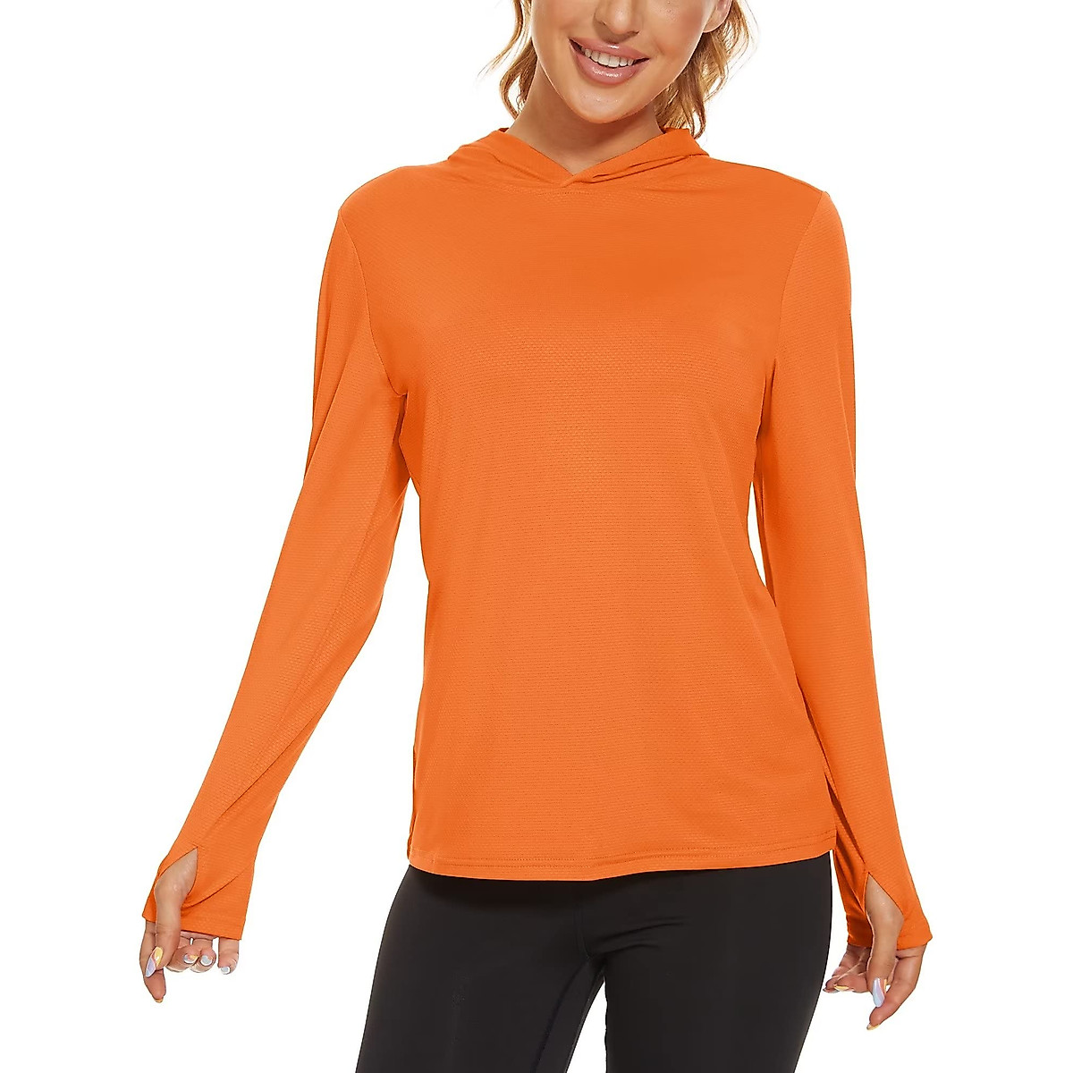 KEFITEVD Sun Hoodie Women UV Protection Sun Shirts Outdoor Cooling Performance Shirts Long Sleeve Rash Guard Lightweight Fishing Shirts Orange