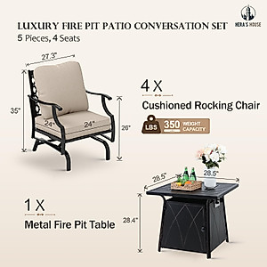 HERA'S HOUSE 5 Pieces Patio Furniture Set with Fire Pit Table, 4 x Thick Cushioned Rocking Chairs, 1 x 28 Fire Pit Table (50,000 BTU), Outdoor Conversation Set for Garden, Backyard, Lawn