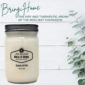 Nika's Home Eucalyptus Soy Candle - 12oz Mason Jar - Non-Toxic Soy Candle-Hand Poured Candle- Handmade, Long Burning Candle-Highly Scented Candle-All Natural, Clean Burning Candle