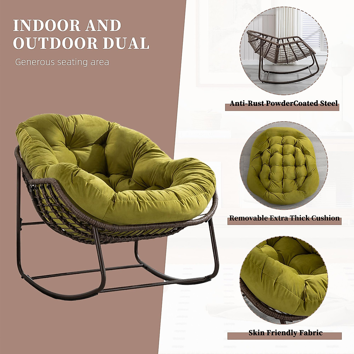 MOONMISS Rocking Chair, Oversized Patio Rocker Recliner Chair with Padded Cushion for Indoor and Outdoor, Patio Rattan Egg Rocking Chair for Front Porch, Garden,Backyard, Balcony (2, Olive)