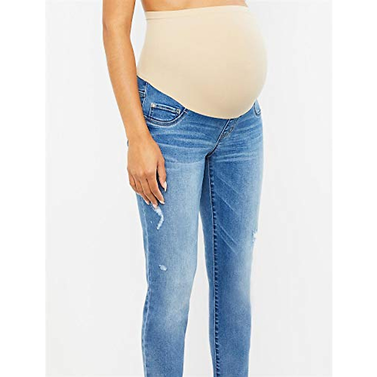 Motherhood Maternity Women's Indigo Blue Sustainable Secret Fit Over The Belly Skinny Leg Pregnancy Jeans with Pockets, Dark Wash, Large