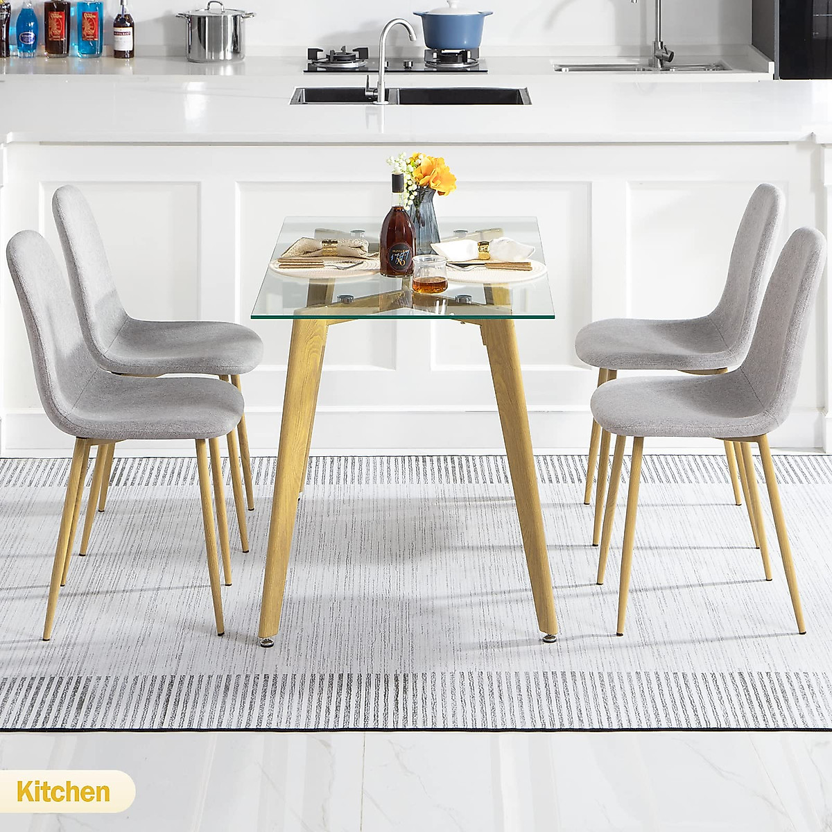 Bacyion Glass Dining Table - 47 Inch Kitchen Table for 2 or 4, Modern Rectangle Dinner Tables with Metal Legs, Wood Skin, Small Dining Room Table for Apartment or Small Spaces,Easy Assembly, Natural