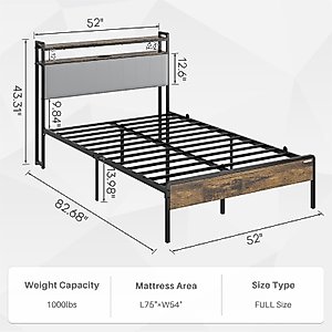 Redlife Full Size Bed Frame with 2-Tier Storage Headboard, Metal Platform Bed Frame with Charging Station & Upholstered, Noise-Free, No Box Spring Needed, Easy Assembly, Rustic Brown