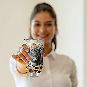 CHICKOR Bull Skull Tumbler Sunflower Leopard 20 Oz With Lid, Sunflower Cow Cups Tumbler, Sunflower Coffee Mugs, Cow Themed Gifts For Women, Double Wall Insulated Stainless Steel Travel Mug…